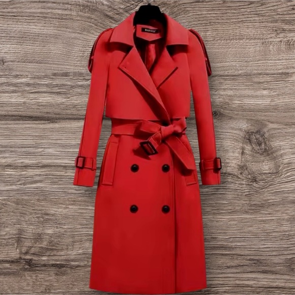 Jackets & Coats | Trench Coat Size Large Women Long Red Jacket Belted ...